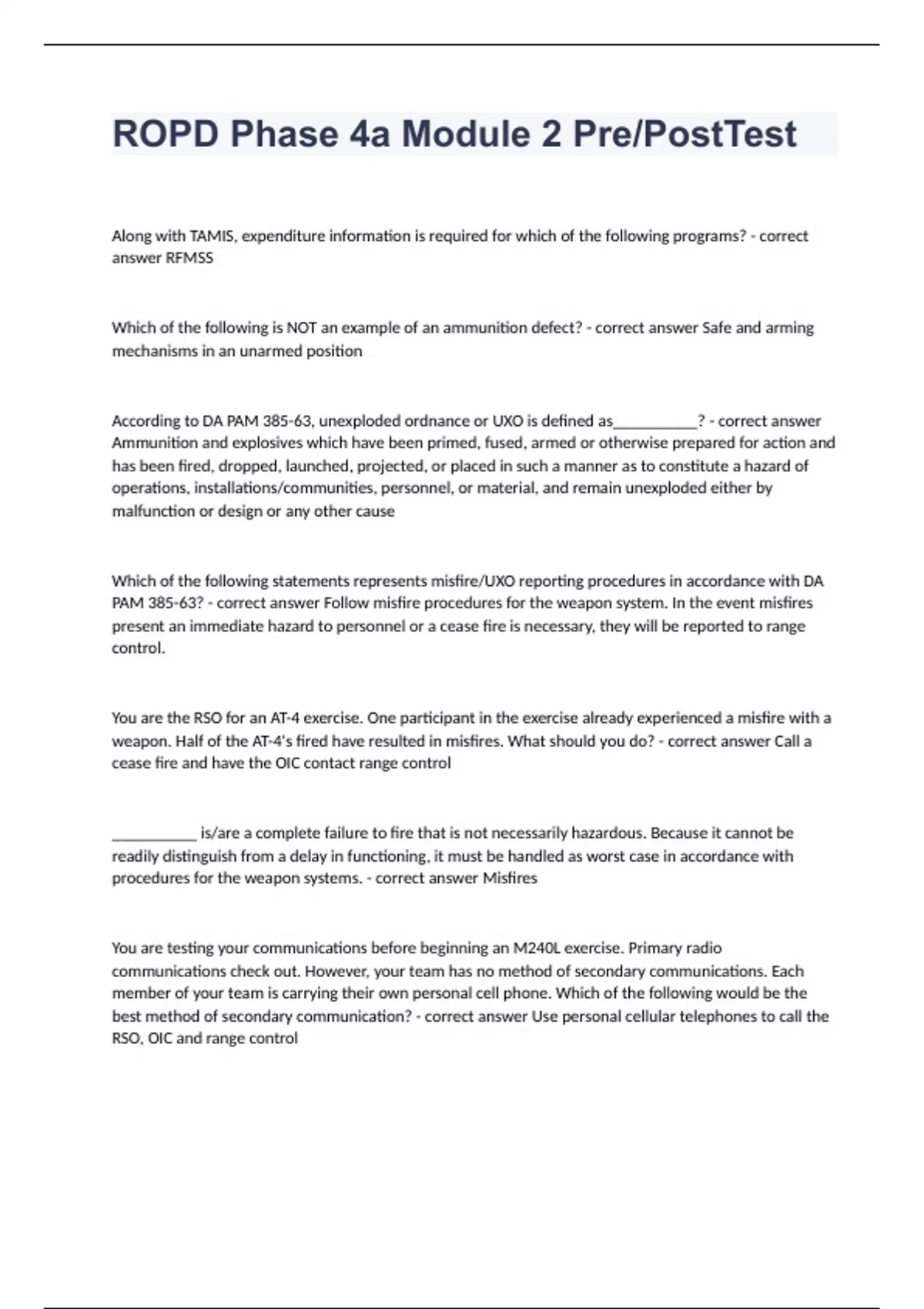 Ropd Phase 4a Module 2 Pre Posttest Question And Answers 2023 2024 Verified To Passed Ropd