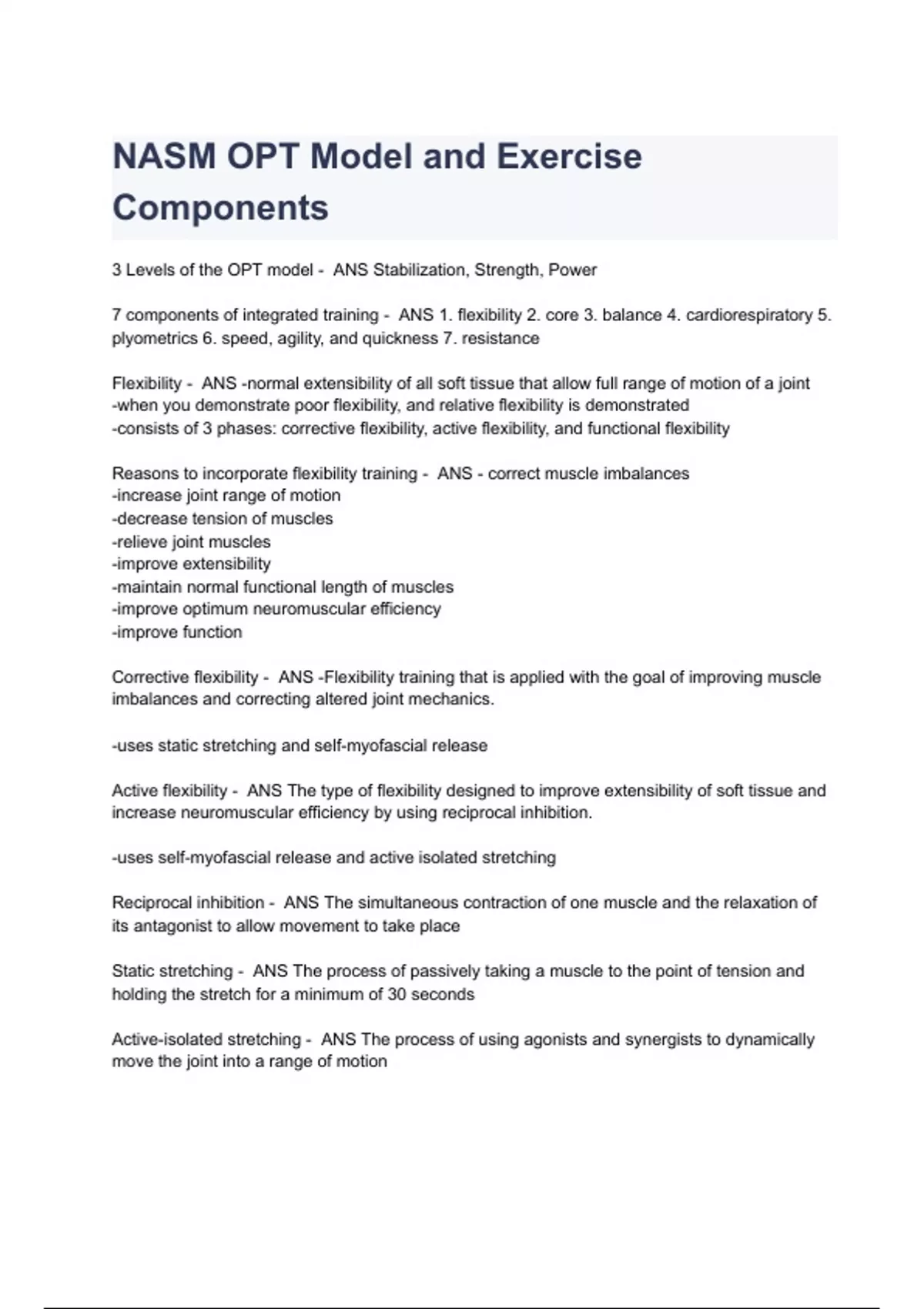 NASM OPT Model and Exercise Components Exam Questions with correct Answers 2024( A+ GRADED 100% ...