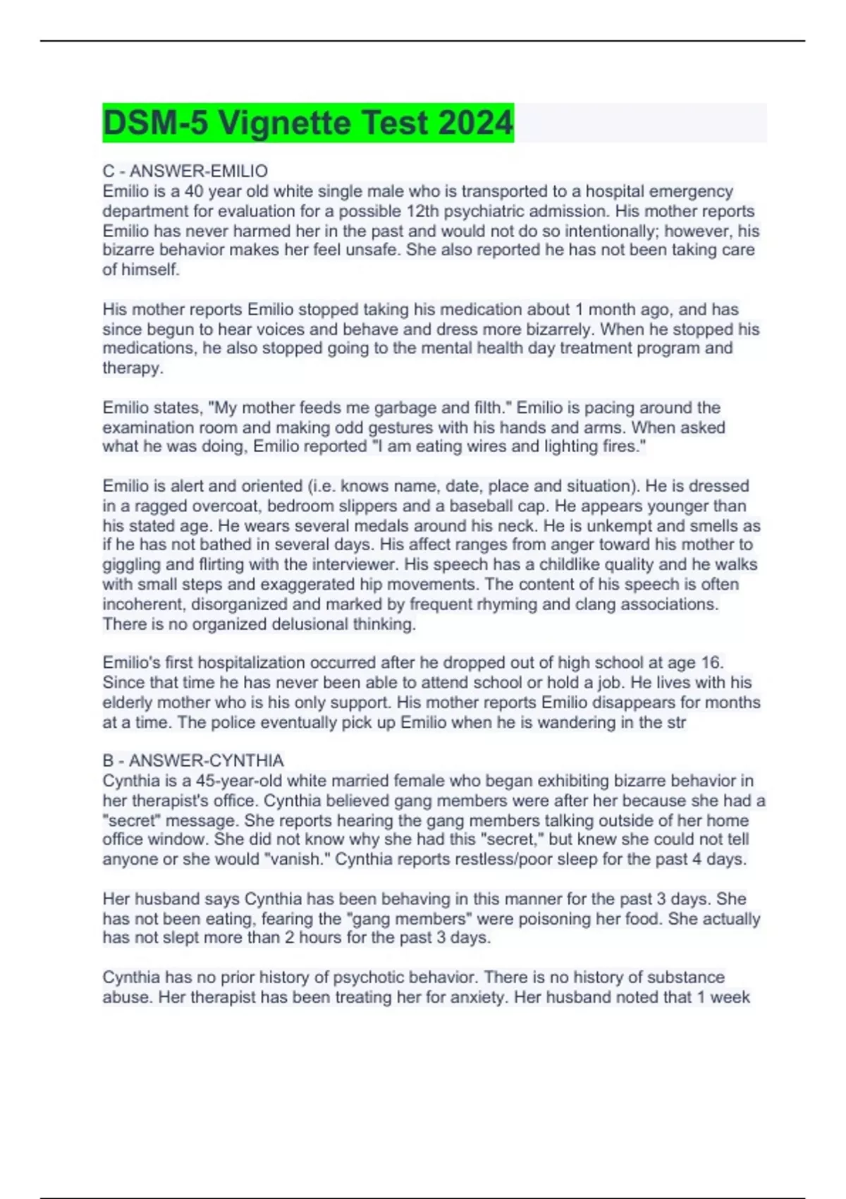 DSM-5 Vignette Test 2024 - DSM-5 Vignette - Stuvia US