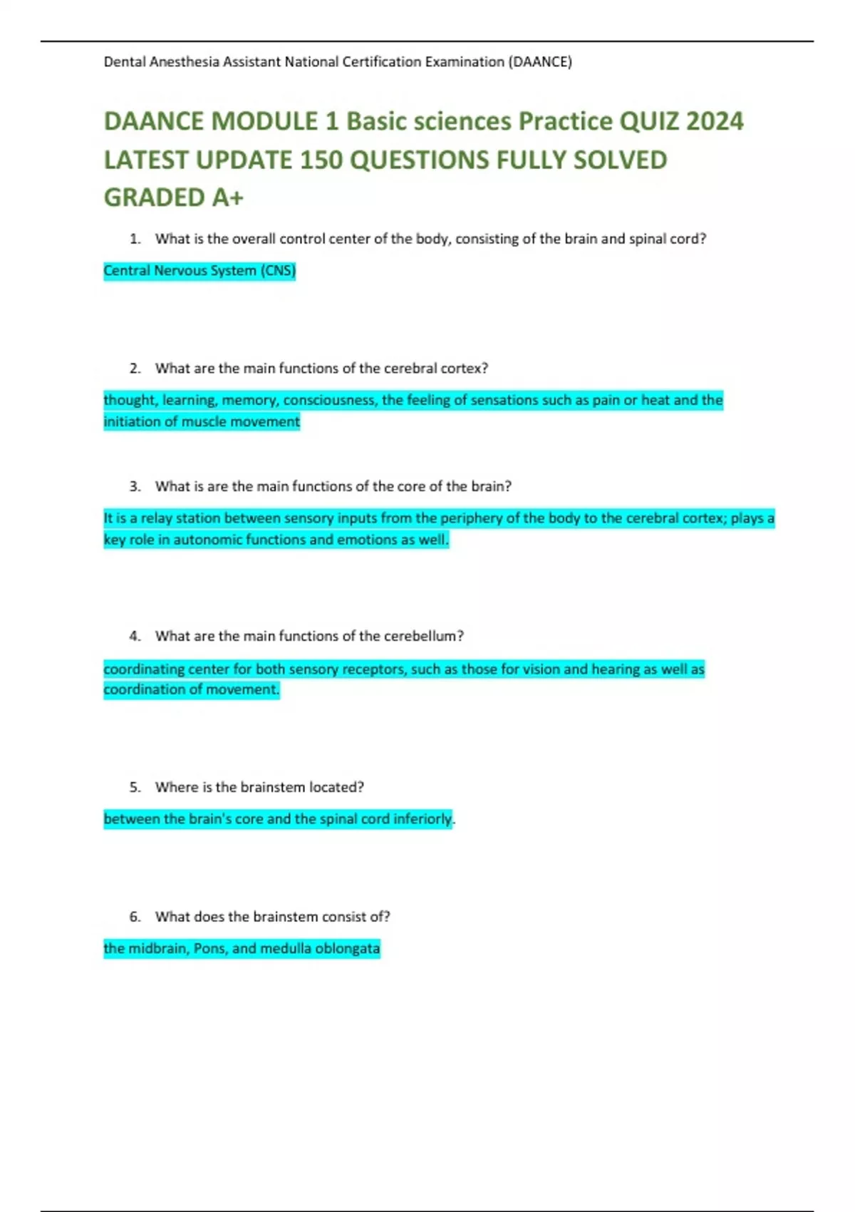 DAANCE MODULE 1 Basic sciences Practice QUIZ 2024 LATEST UPDATE 150 ...