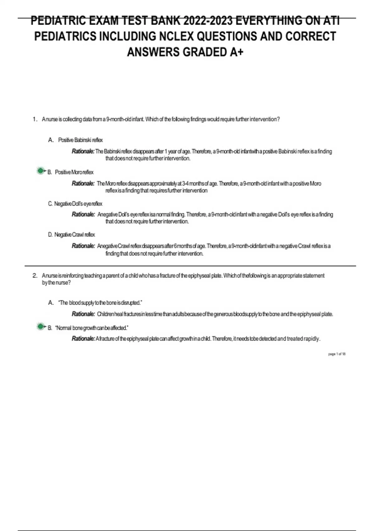 PEDIATRIC EXAM TEST BANK - Nursing Pediatrics - Stuvia US