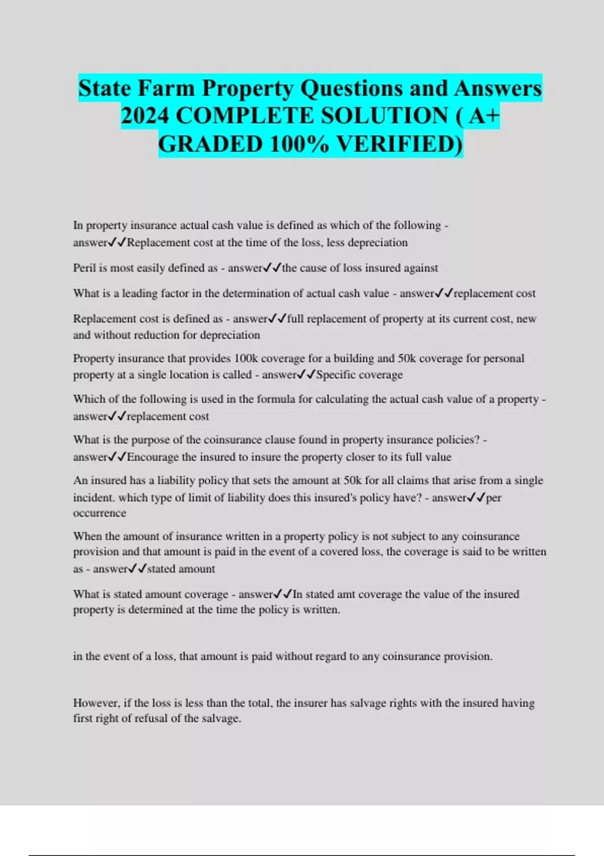 State Farm Property Questions and Answers 2024 COMPLETE SOLUTION ( A+ ...