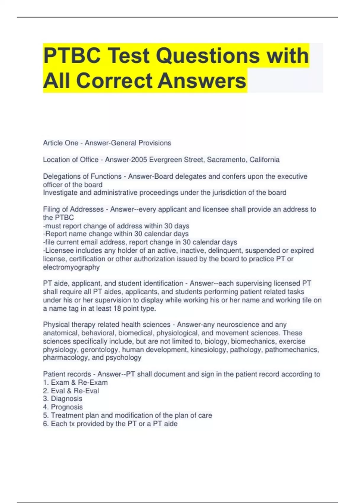 PTBC Test Questions with All Correct Answers - PTBC - Stuvia US