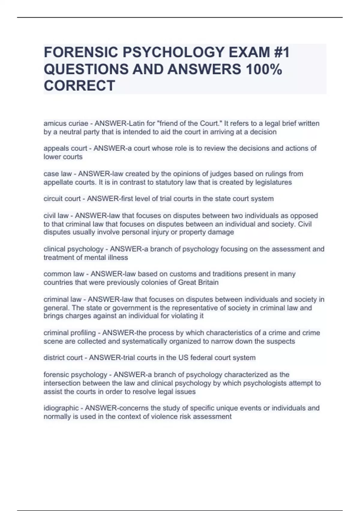 FORENSIC PSYCHOLOGY EXAM #1 QUESTIONS AND ANSWERS 100% CORRECT - FORENSIC PSYCHOLOGY - Stuvia US