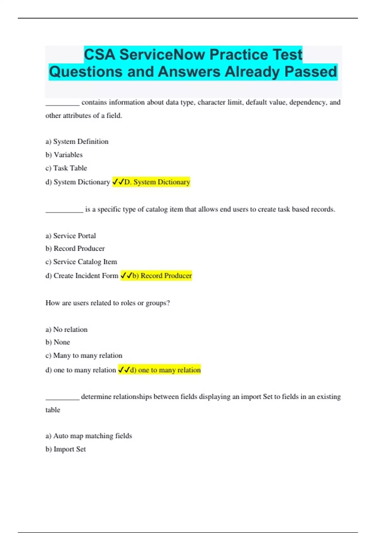 CSA ServiceNow Practice Test Questions and Answers Already Passed - CSA ...