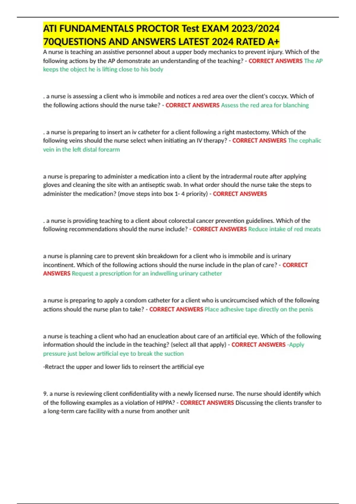ATI FUNDAMENTALS PROCTOR Test EXAM 2023/2024 70QUESTIONS AND ANSWERS ...