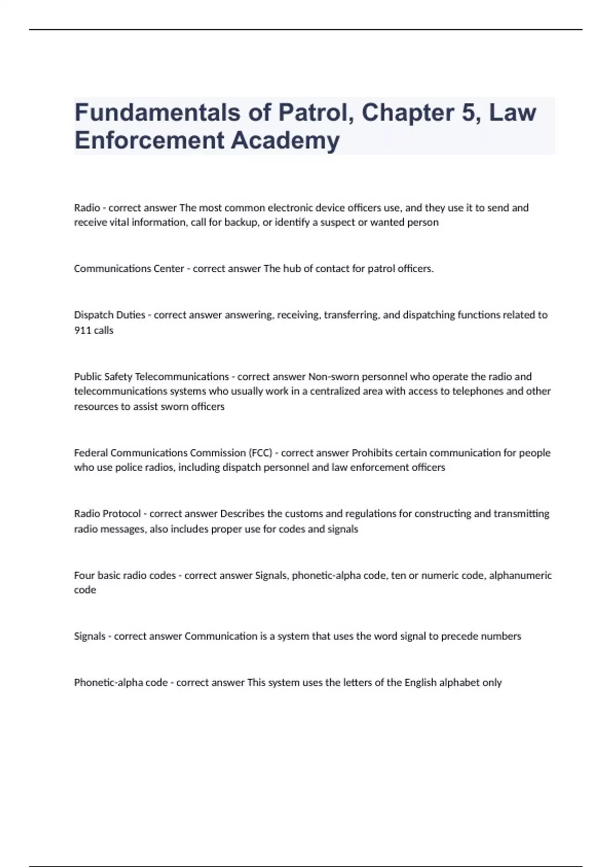 Fundamentals of Patrol, Chapter 5, Law Enforcement Academy Question and ...