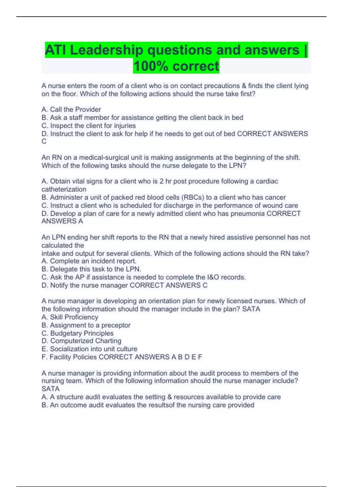 ATI Leadership questions and answers |100% correct - Leadership - Stuvia US