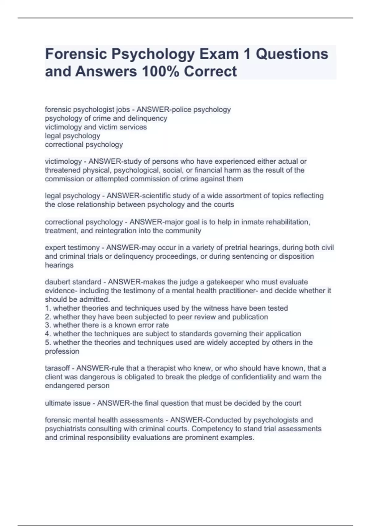Forensic Psychology Exam 1 Questions and Answers 100% Correct - Forensic Psychology - Stuvia US