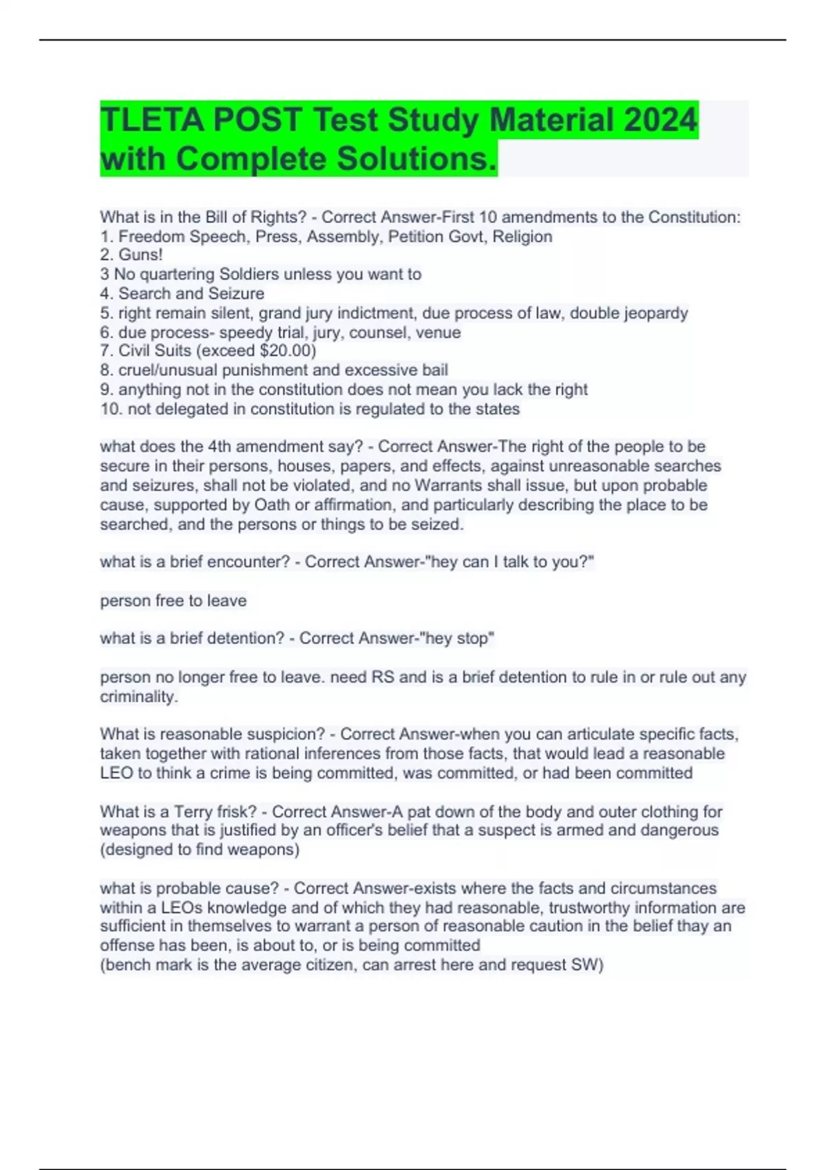 TLETA POST Test Study Material 2024 with Complete Solutions. - TLETA ...