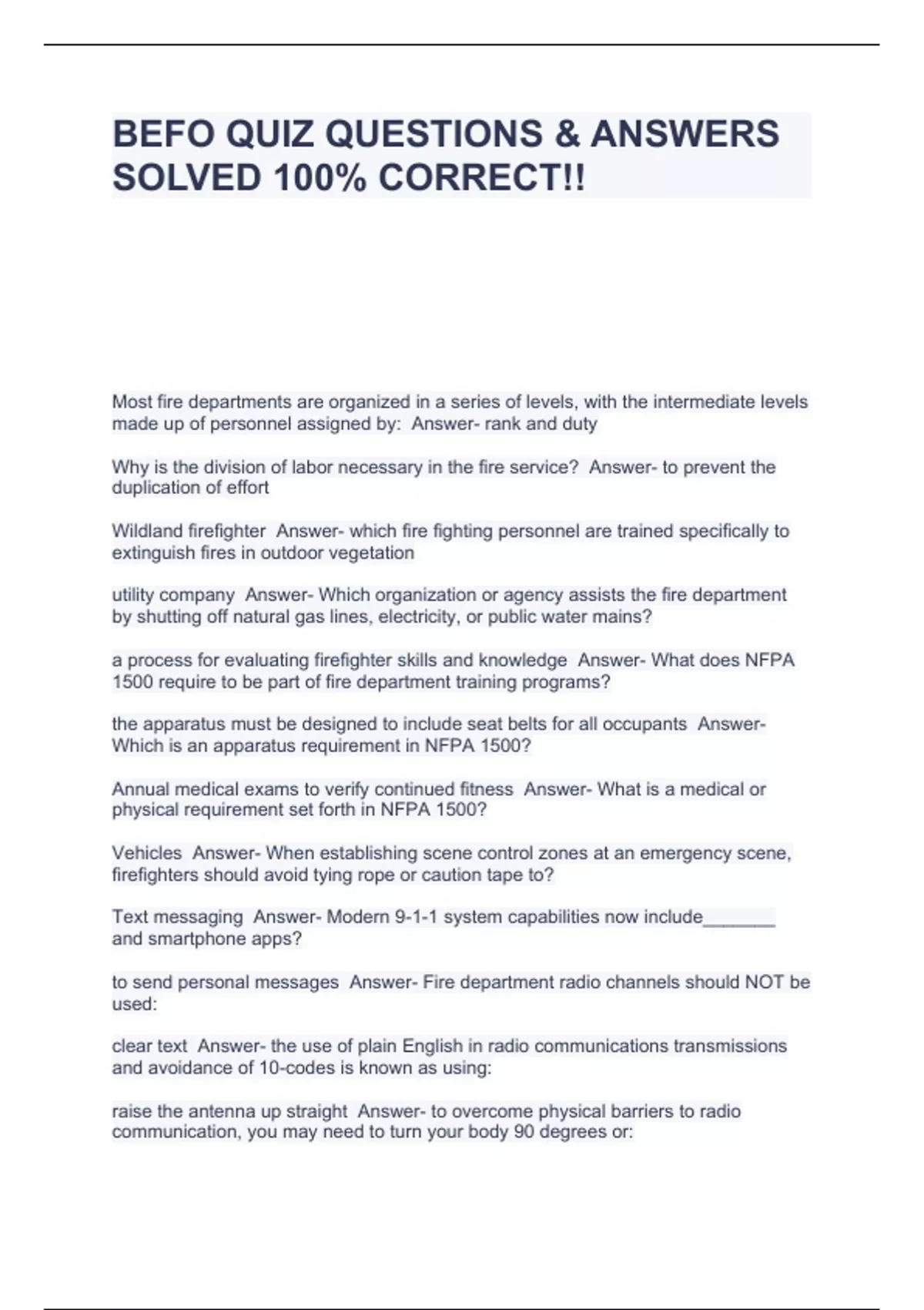 BEFO QUIZ QUESTIONS & ANSWERS SOLVED 100% CORRECT!! - Befo - Stuvia US