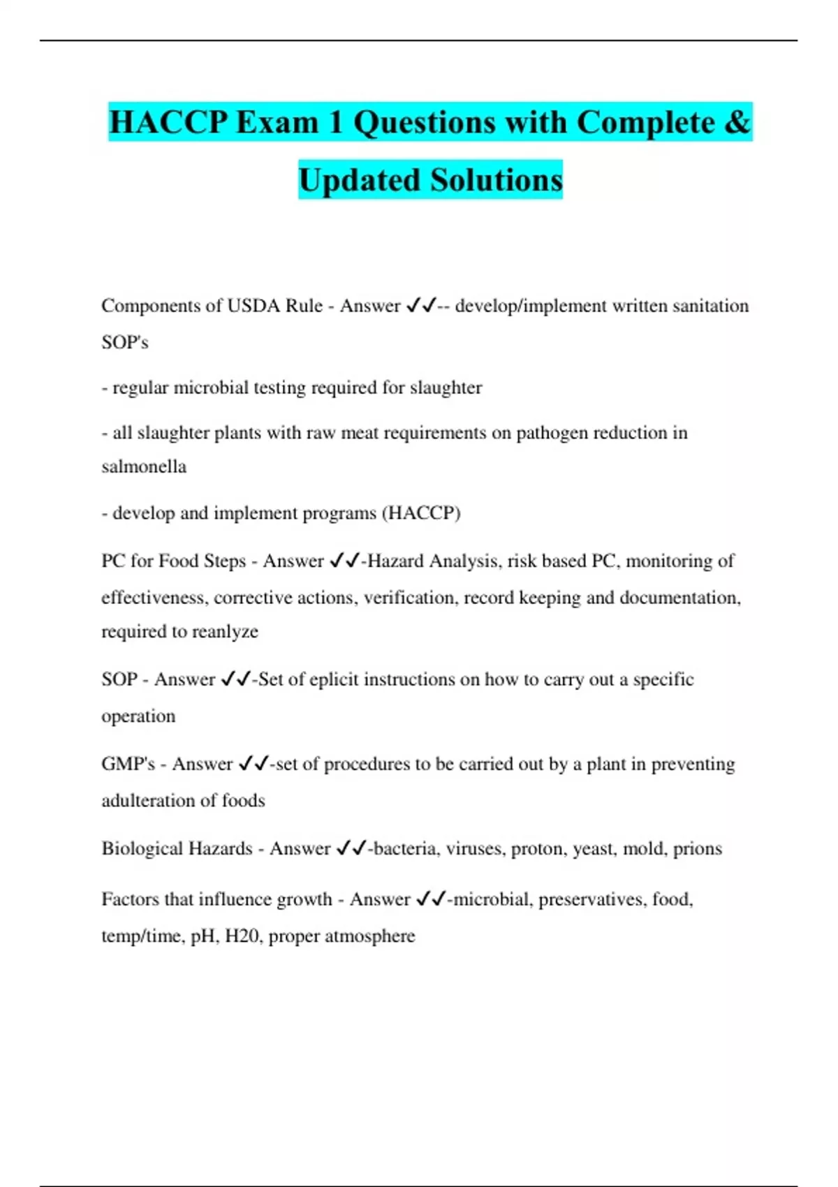 HACCP Exam 1 Questions with Complete & Updated Solutions - HACCP ...