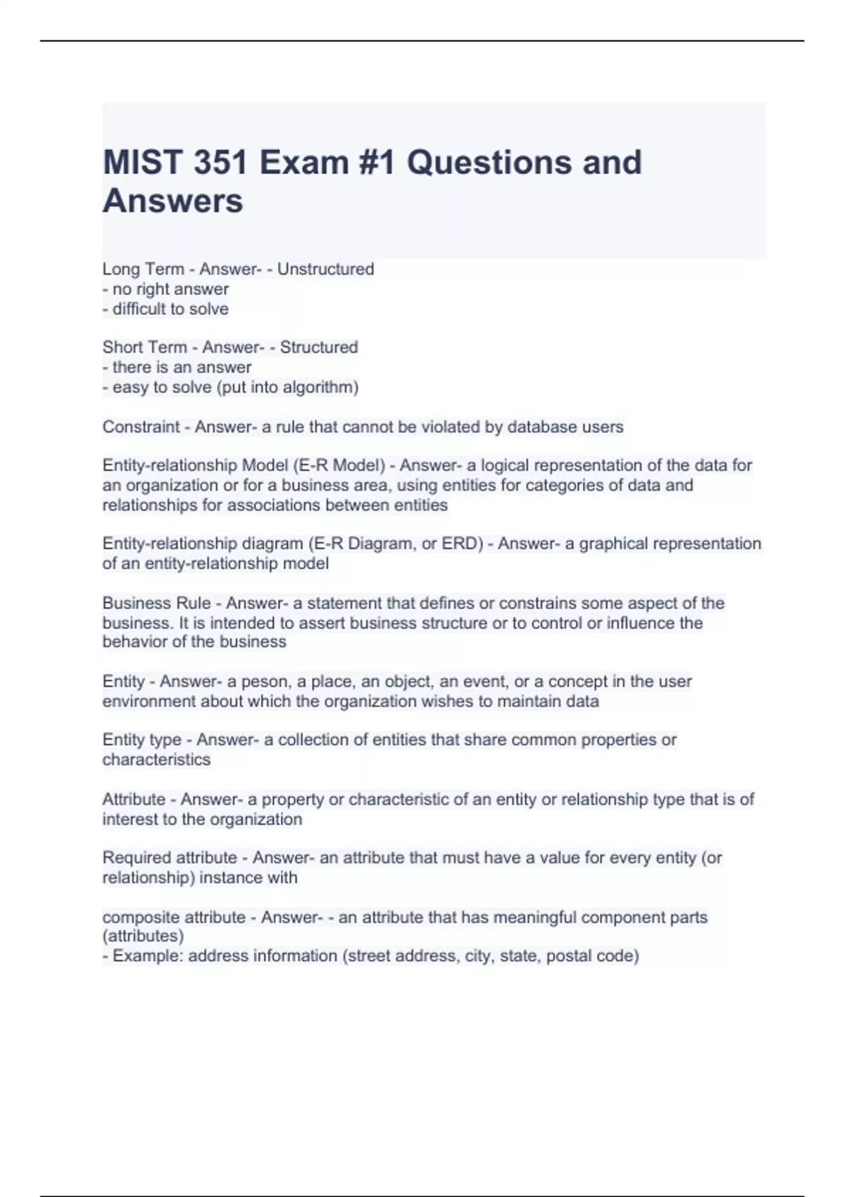 MIST 351 Exam #1 Questions and Answers 2024 - MIST - Stuvia US