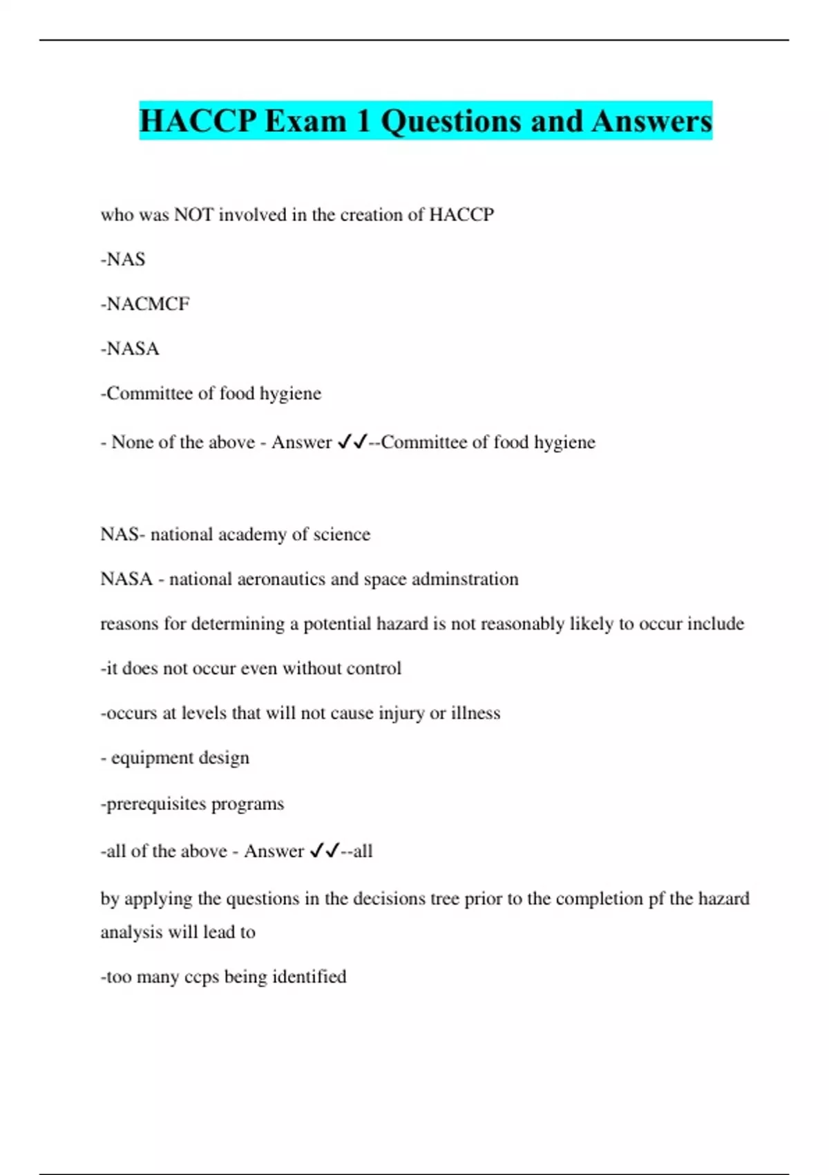 HACCP Exam 1 Questions and Answers - HACCP Certification - Stuvia US