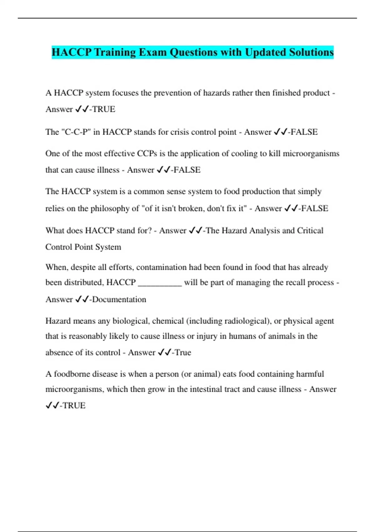 HACCP Training Exam Questions with Updated Solutions - HACCP - Stuvia US