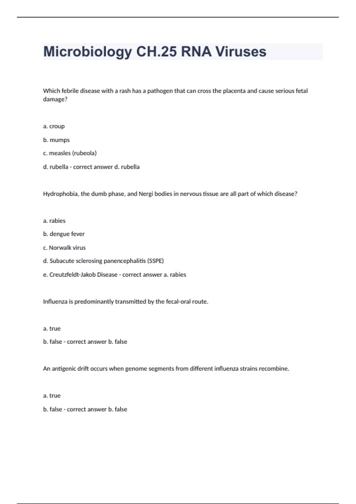 Microbiology CH.25 RNA Viruses Questions with complete solution 2023/ ...