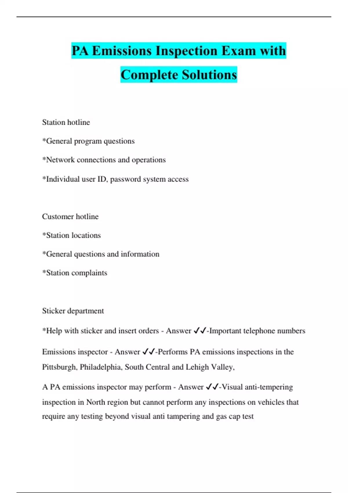 PA Emissions Inspection Exam with Complete Solutions - PA Emissions ...