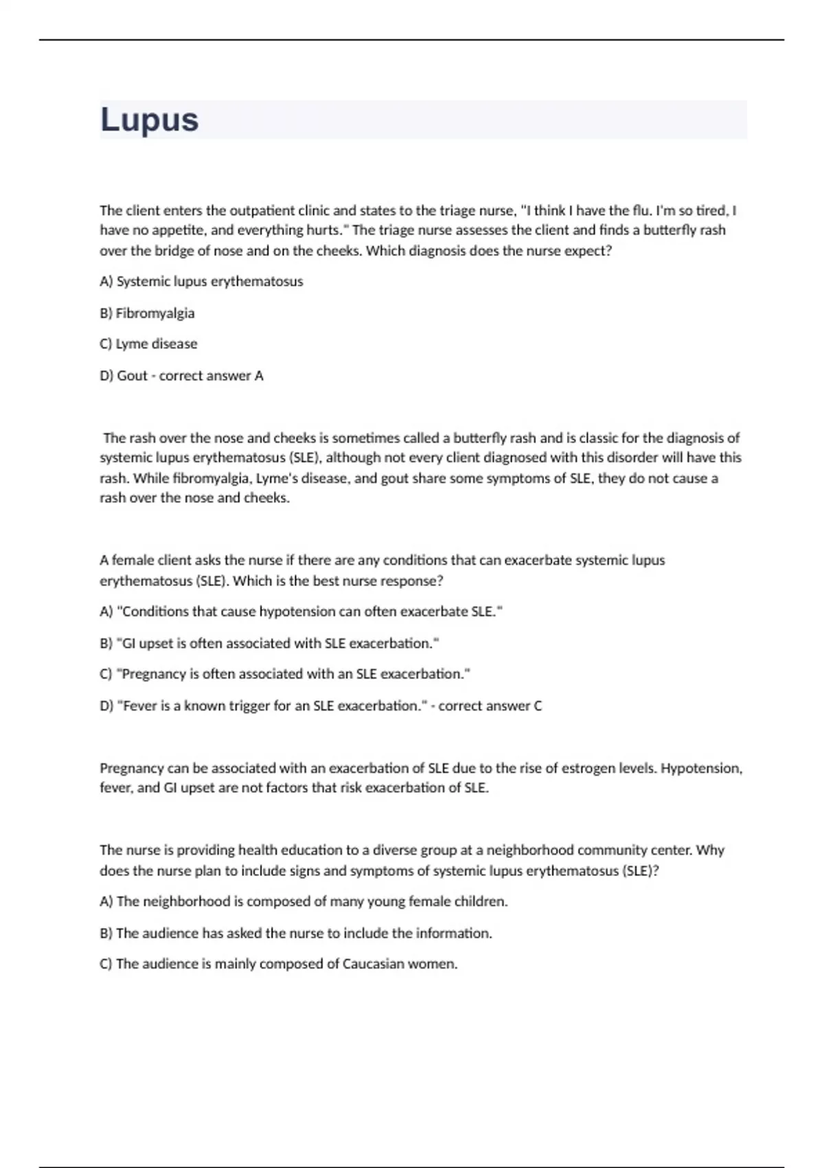 Lupus Question and answers rated A+ 2023/2024 - ROSH - Stuvia US