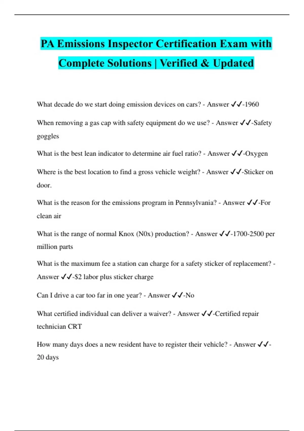 PA Emissions Inspector Certification Exam with Complete Solutions ...