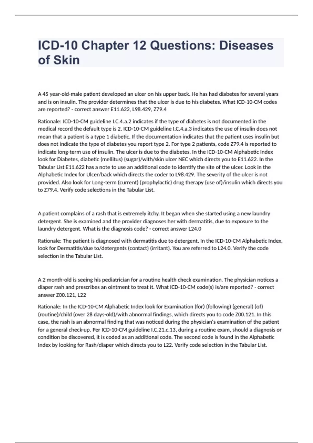 ICD-10 Chapter 12 Questions Diseases of Skin Question and answers 2023/ ...