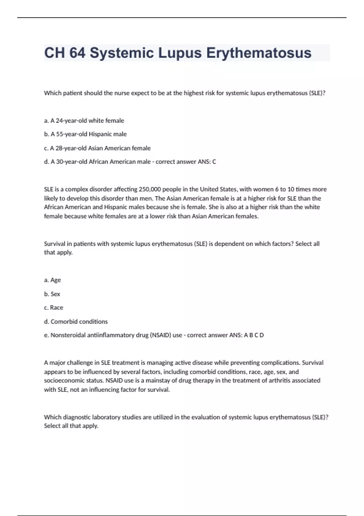 CH 64 Systemic Lupus Erythematosus Question and answers 100% correctly ...