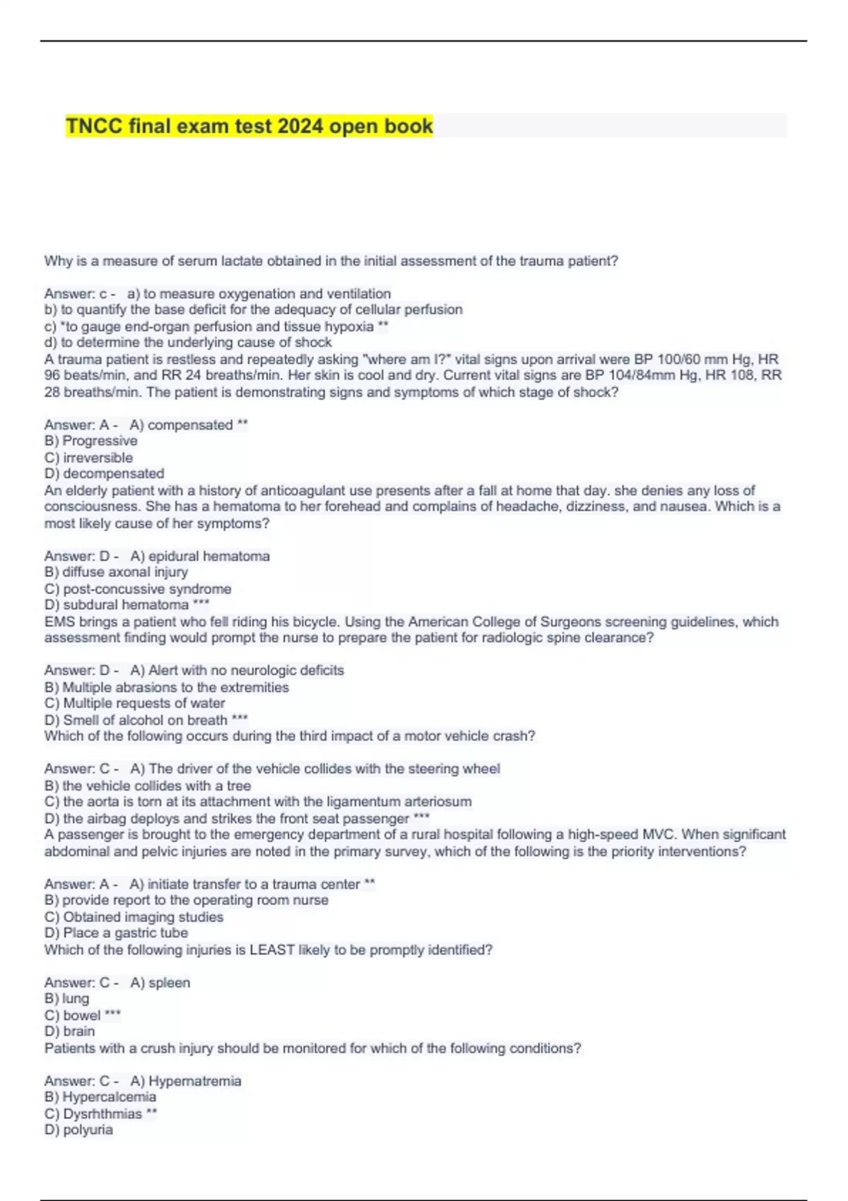 TNCC final exam test 2024 open book - TNCC - Stuvia US