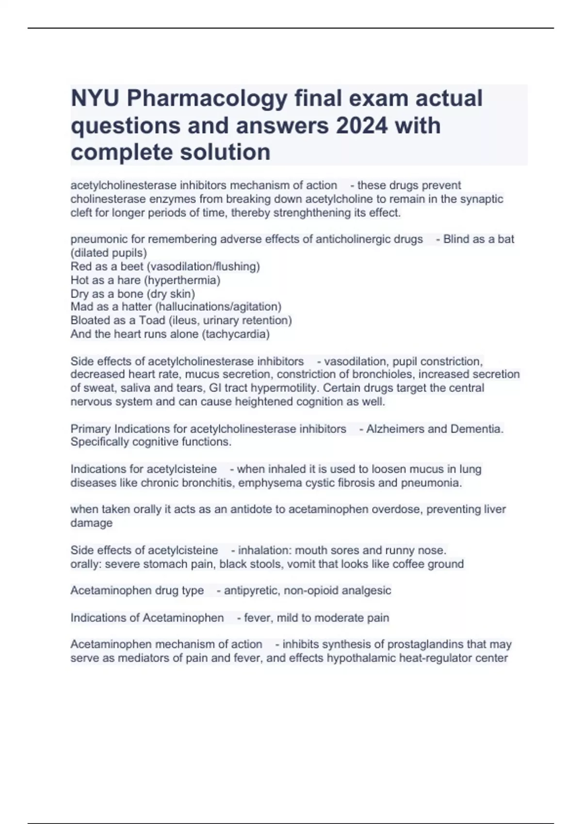 NYU Pharmacology final exam actual questions and answers 2024 with ...