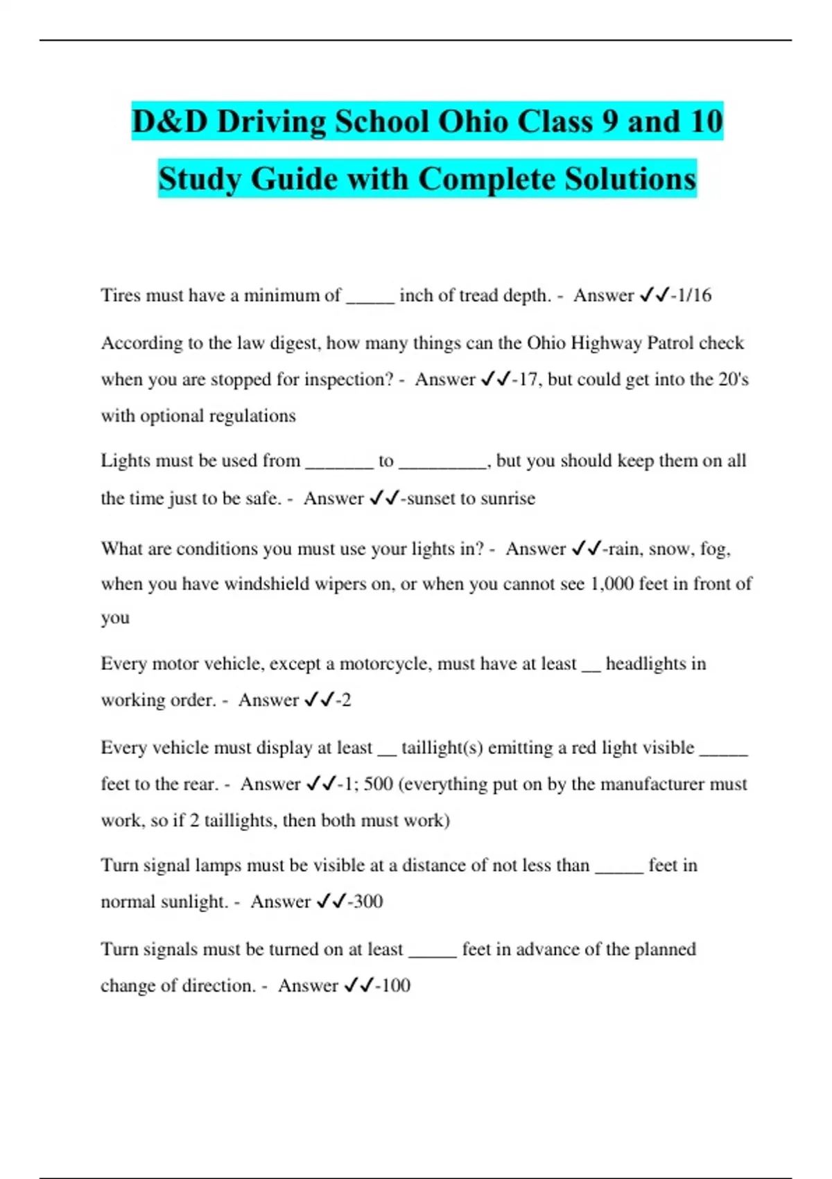 D&D Driving School Ohio Class 9 and 10 Study Guide with Complete ...