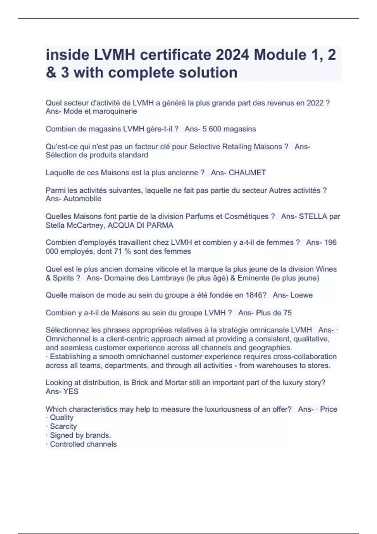 inside LVMH certificate 2024 Module 1, 2 & 3 with complete solution - LVMH - Stuvia US
