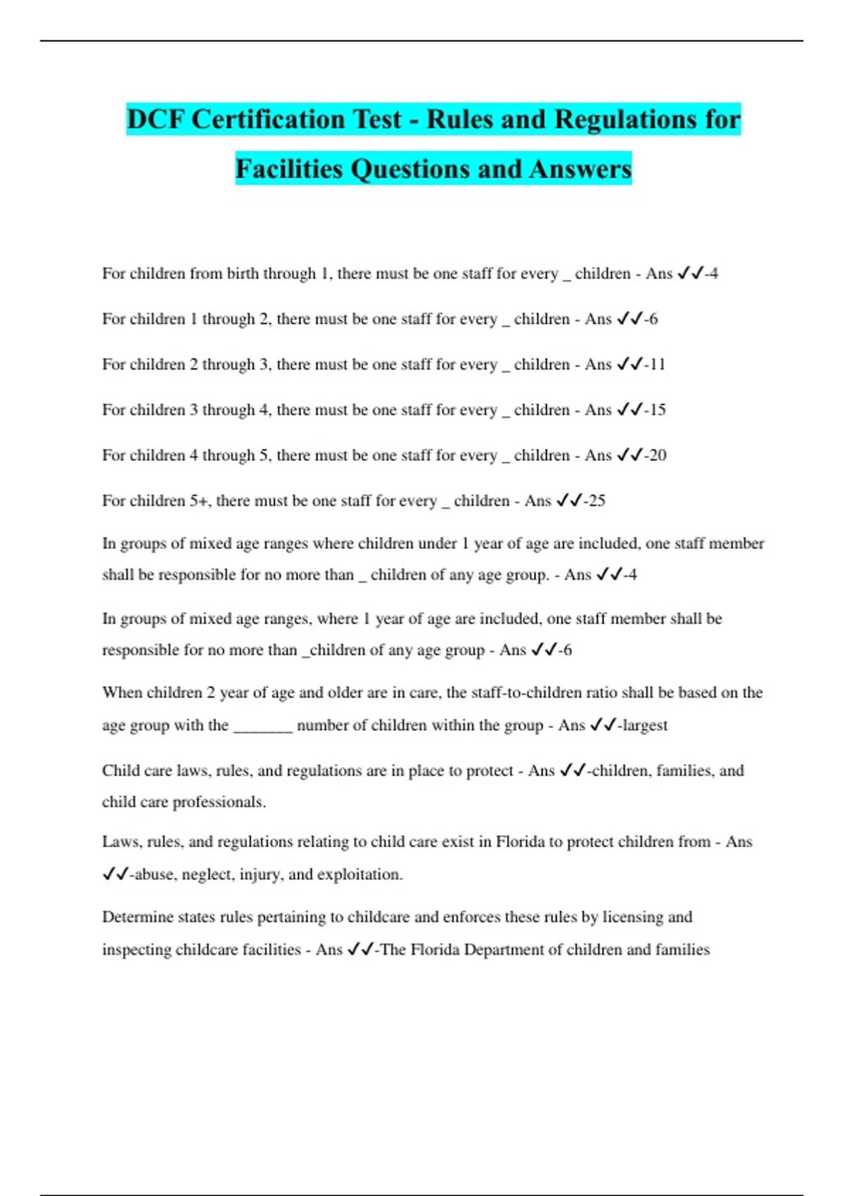 DCF Certification Test - Rules and Regulations for Facilities Questions ...