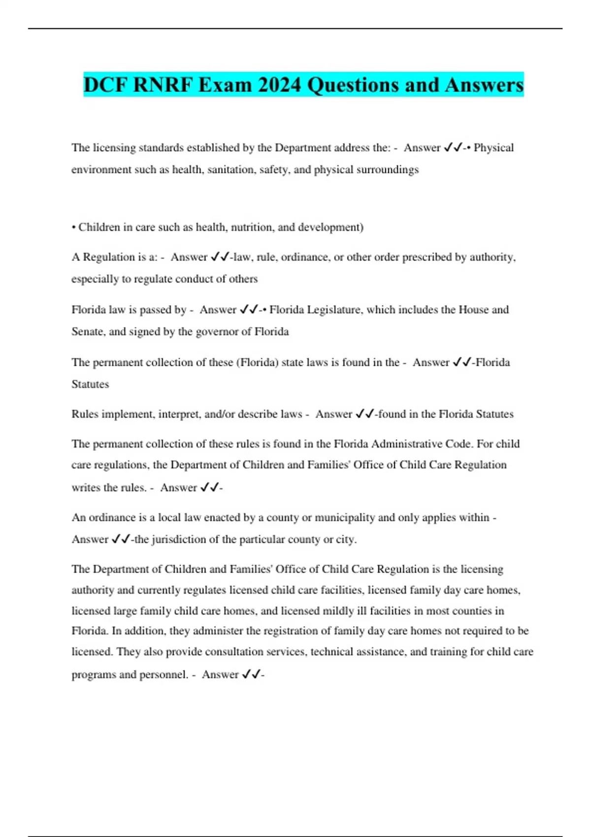 DCF RNRF Exam 2024 Questions and Answers - DCF RNRF study2 - Stuvia US