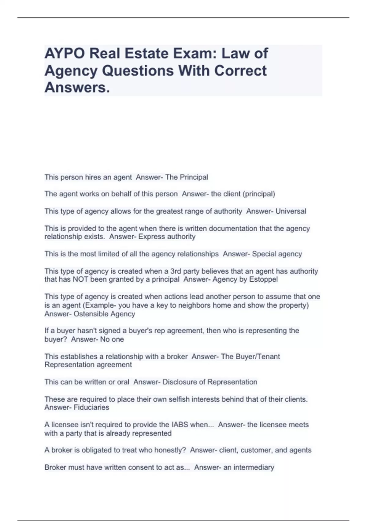 Aypo Real Estate Exam Law Of Agency Questions With Correct Answers