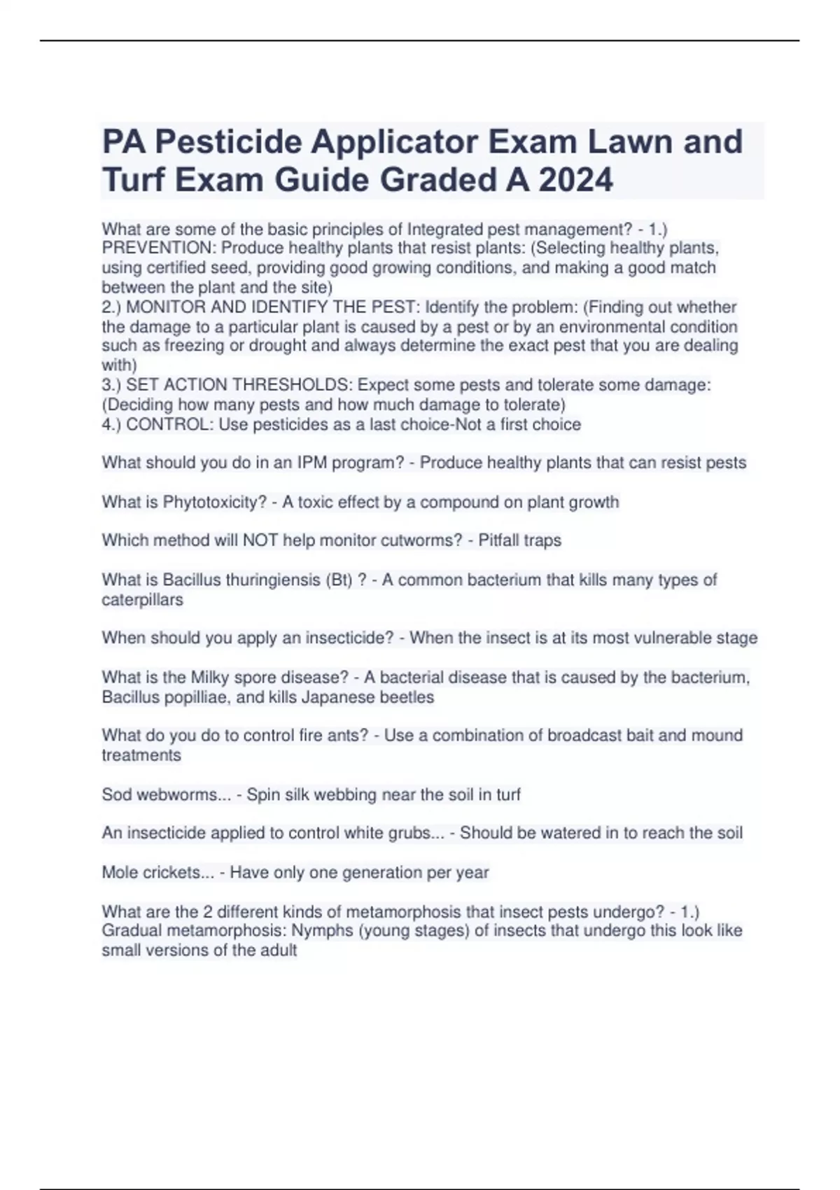 PA Pesticide Applicator Exam Lawn and Turf Exam Guide Graded A 2024 ...