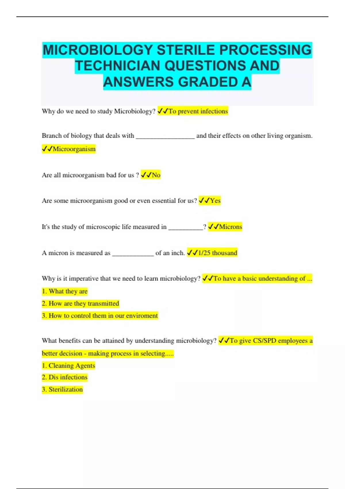 MICROBIOLOGY STERILE PROCESSING TECHNICIAN QUESTIONS AND ANSWERS GRADED ...