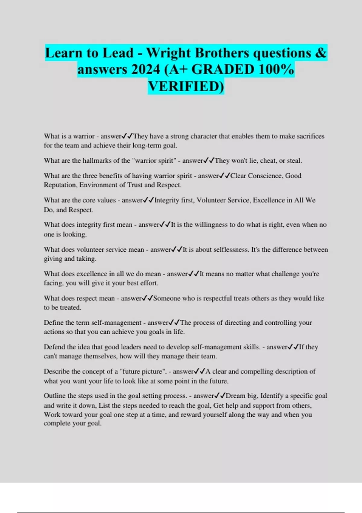 Learn to Lead - Wright Brothers questions & answers 2024 (A+ GRADED 100 ...