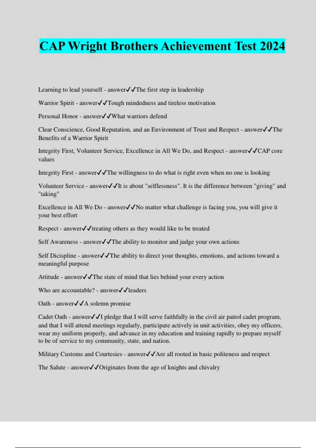 CAP Wright Brothers Achievement Test 2024 - Wright Brothers - Stuvia US