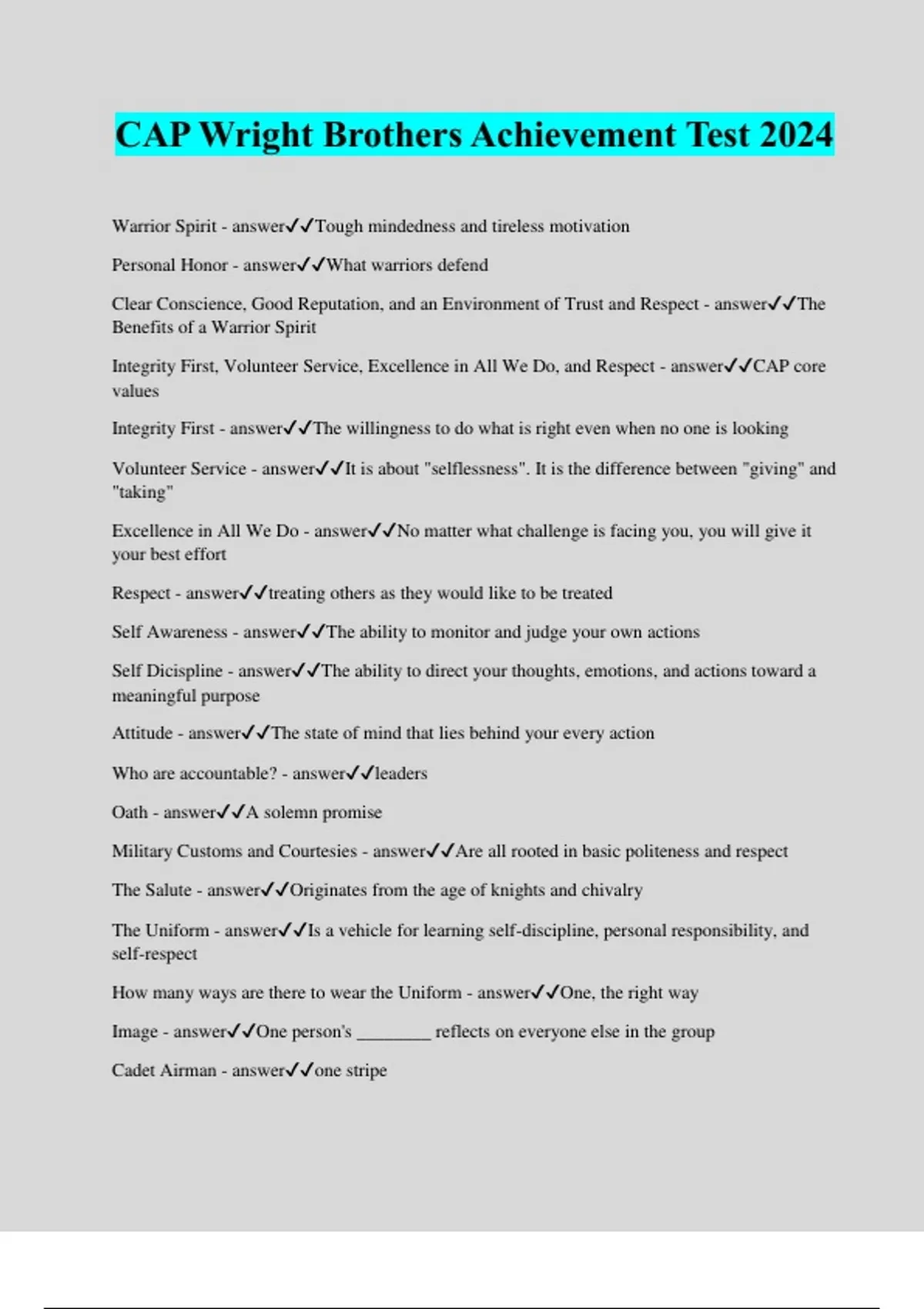CAP Wright Brothers Achievement Test 2024 - Wright Brothers - Stuvia US