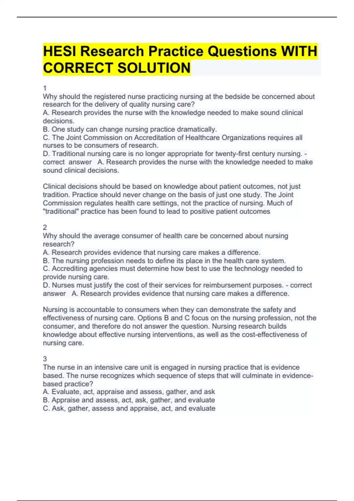 HESI Research Practice Questions WITH CORRECT SOLUTIONS 2023/2024 ...