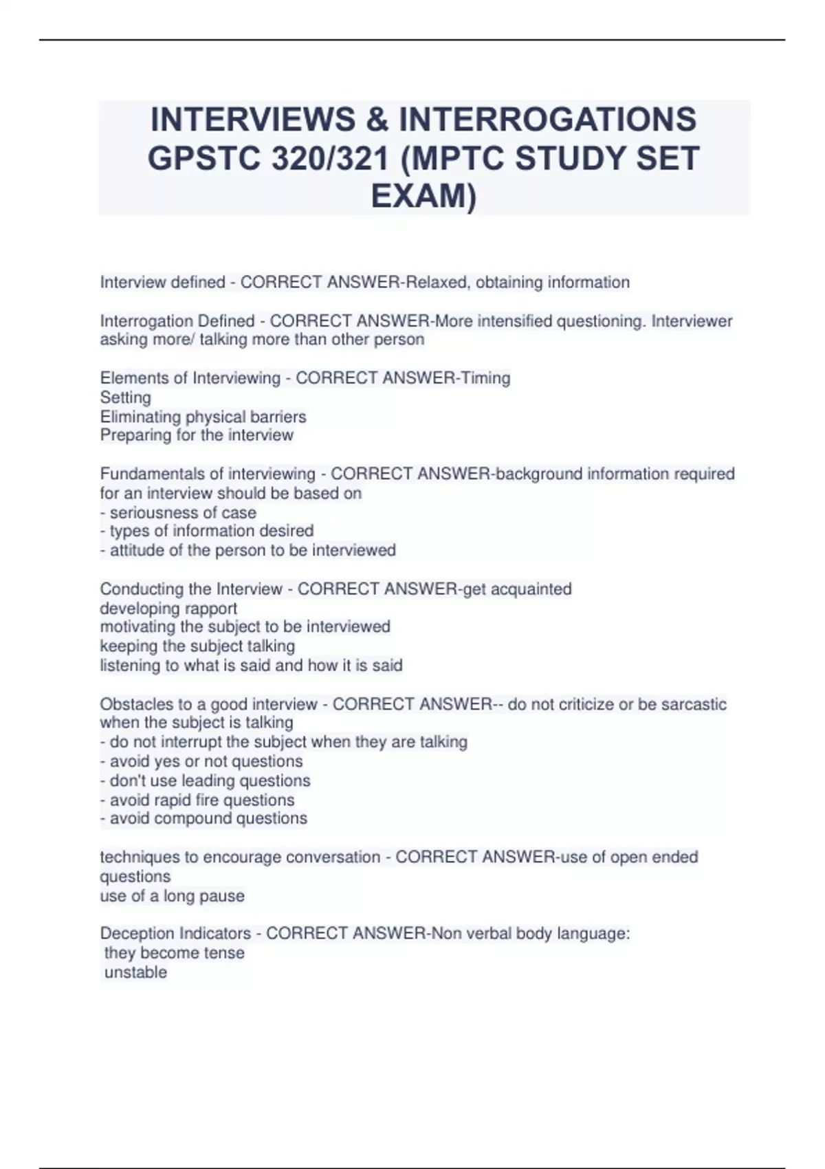 INTERVIEWS & INTERROGATIONS GPSTC 320/321 (MPTC STUDY SET EXAM) - MPTC ...