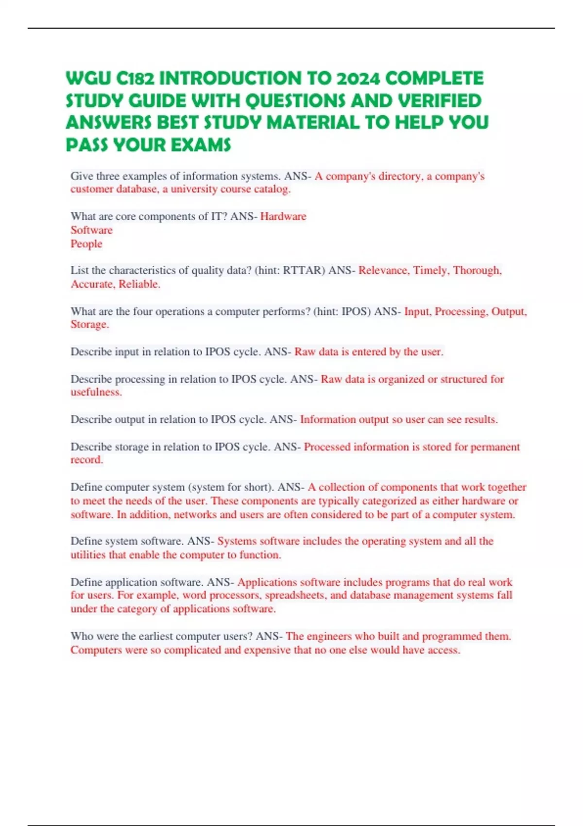 WGU C182 INTRODUCTION TO 2024 COMPLETE STUDY GUIDE WITH QUESTIONS AND ...