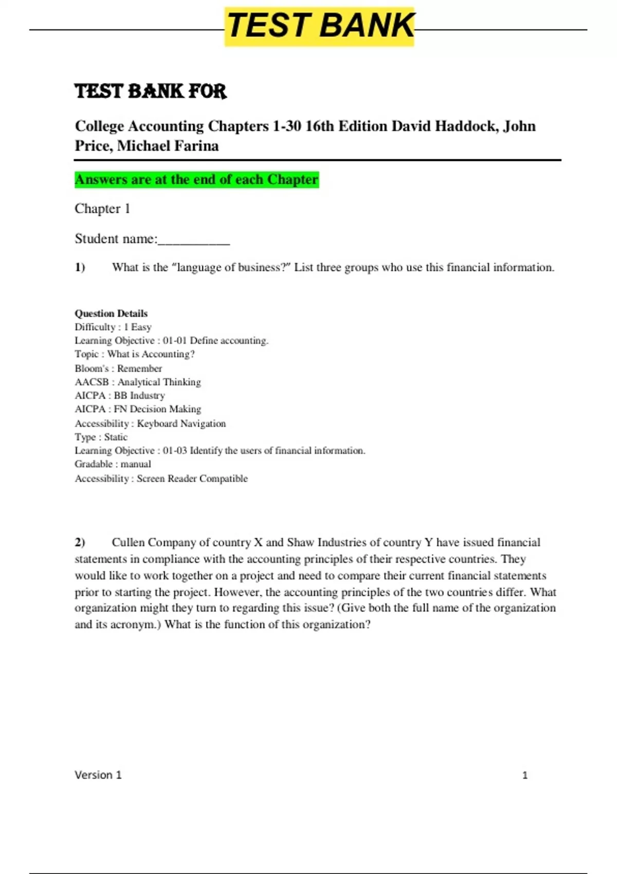 Test Bank for College Accounting Chapters 1-30 16th Edition David ...