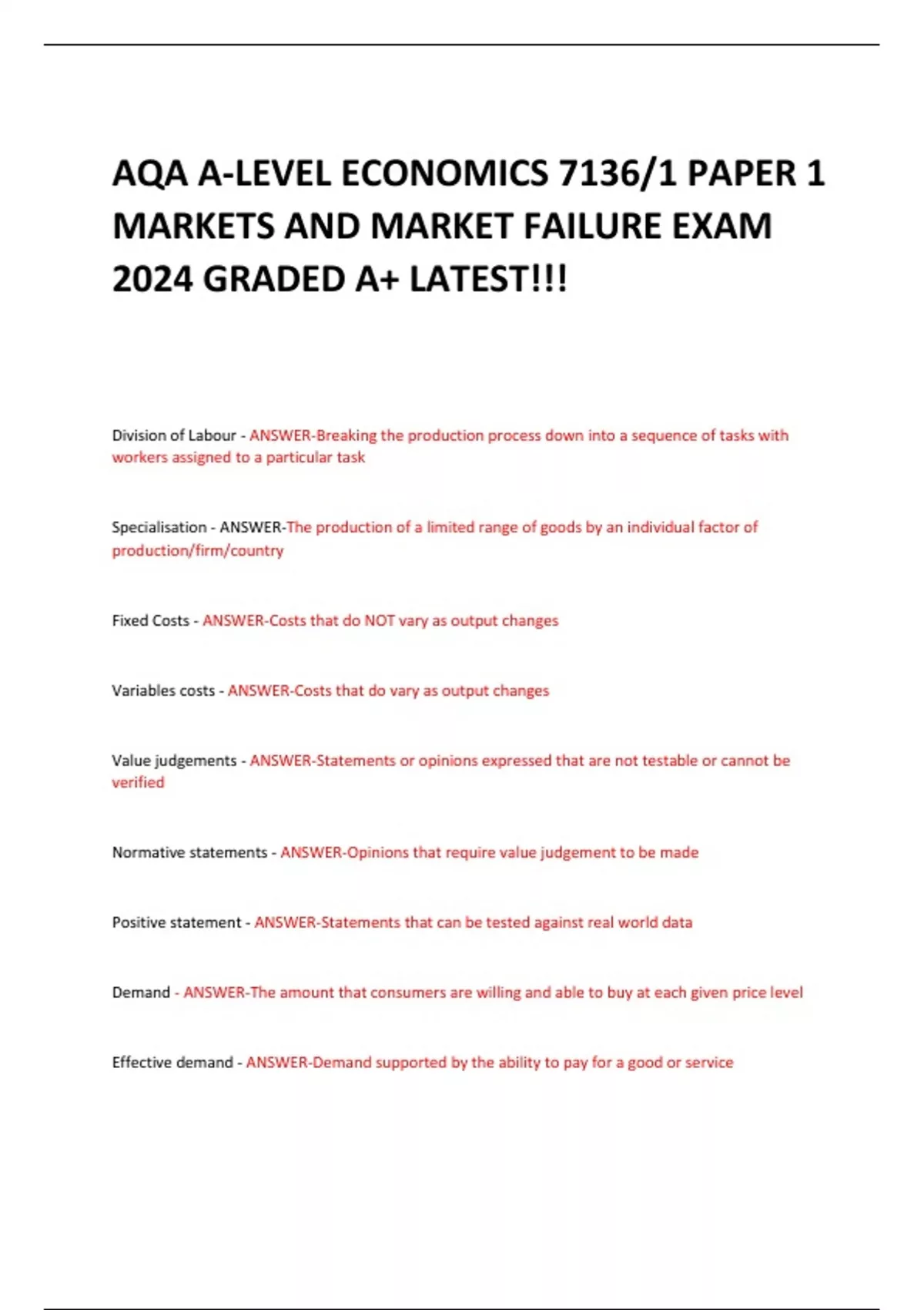 AQA A-LEVEL ECONOMICS 7136/1 PAPER 1 MARKETS AND MARKET FAILURE EXAM ...