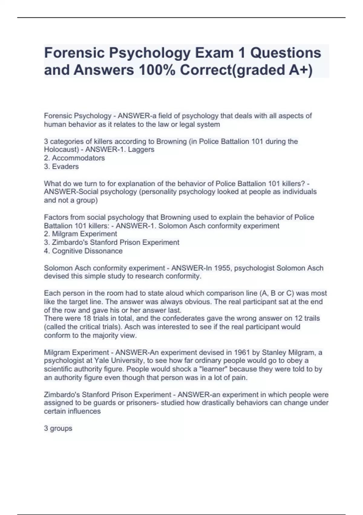 Forensic Psychology Exam 1 Questions and Answers 100% Correct(graded A+ ...