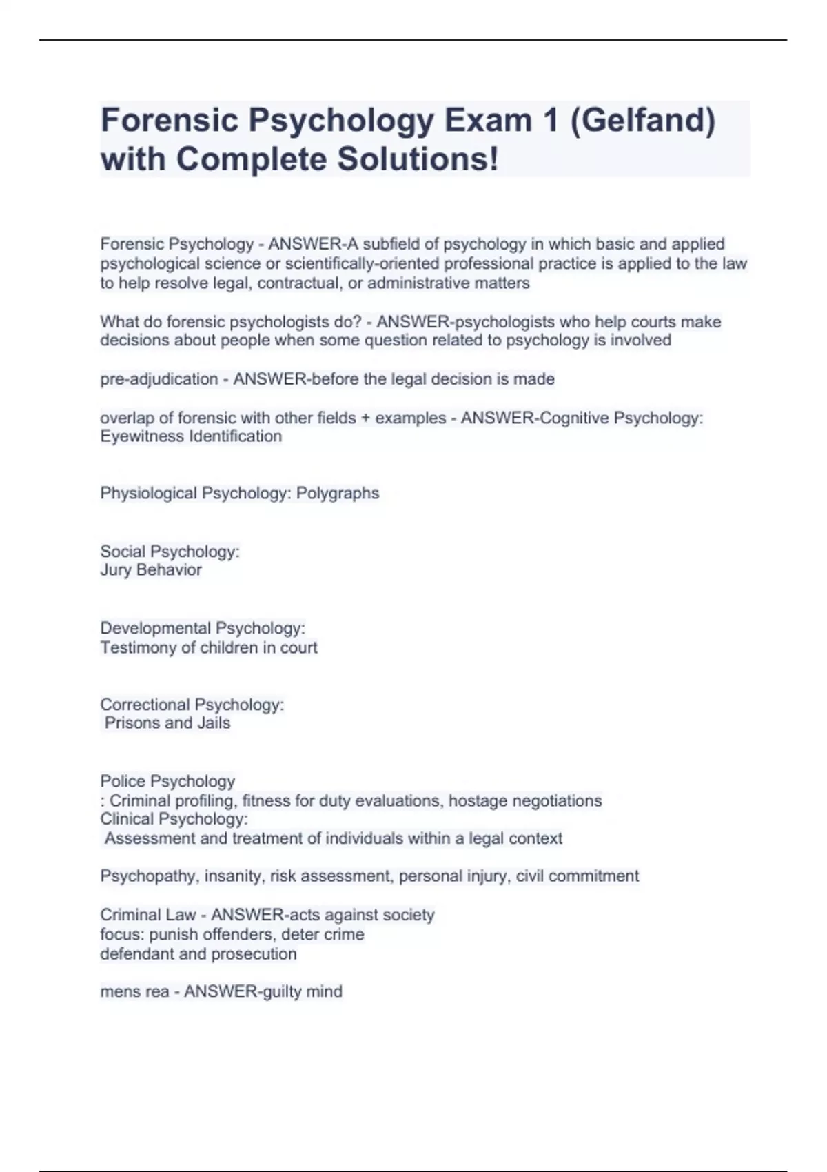 Forensic Psychology Exam 1 (Gelfand) with Complete Solutions ...