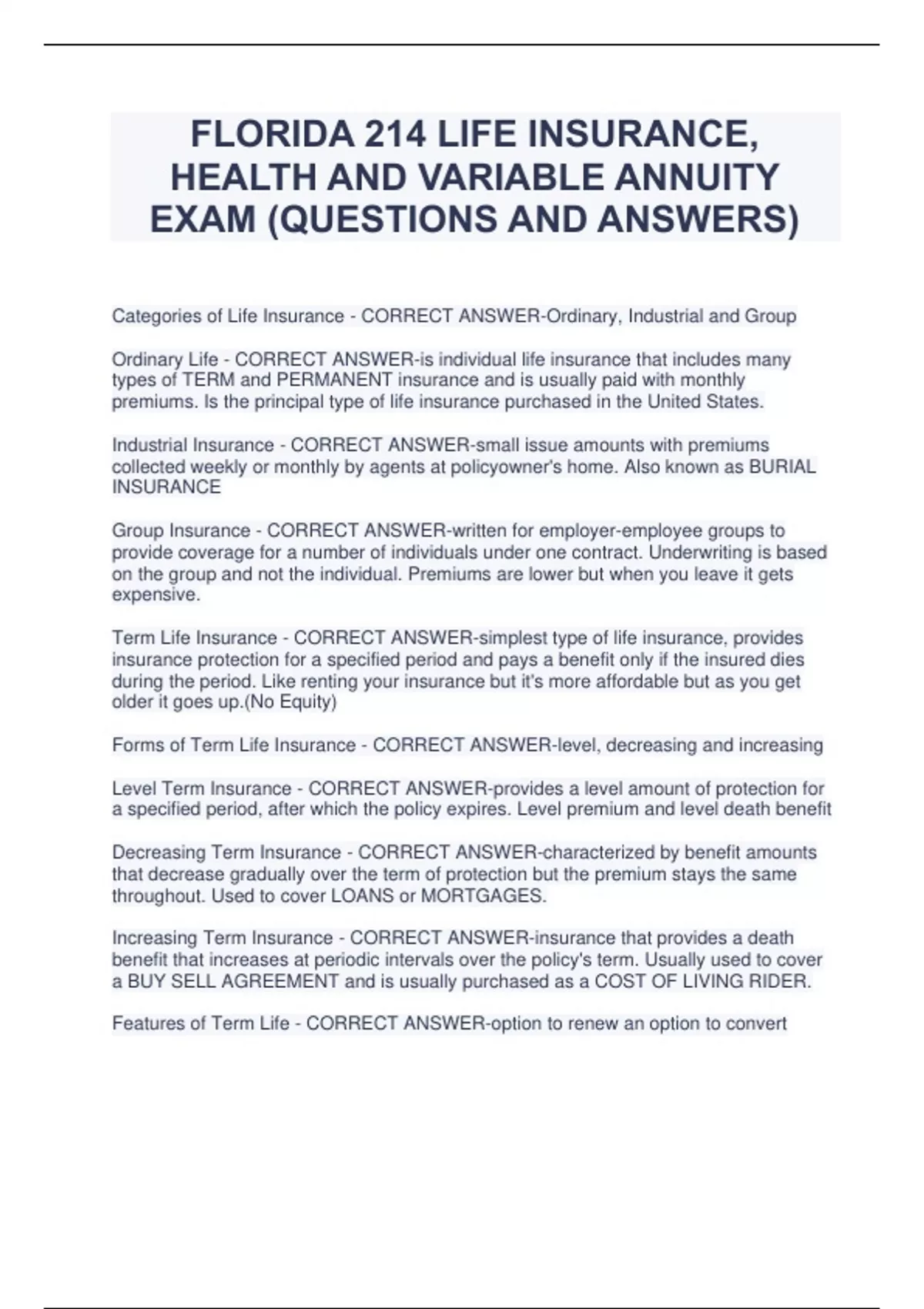 FLORIDA 214 LIFE INSURANCE, HEALTH AND VARIABLE ANNUITY EXAM (QUESTIONS ...