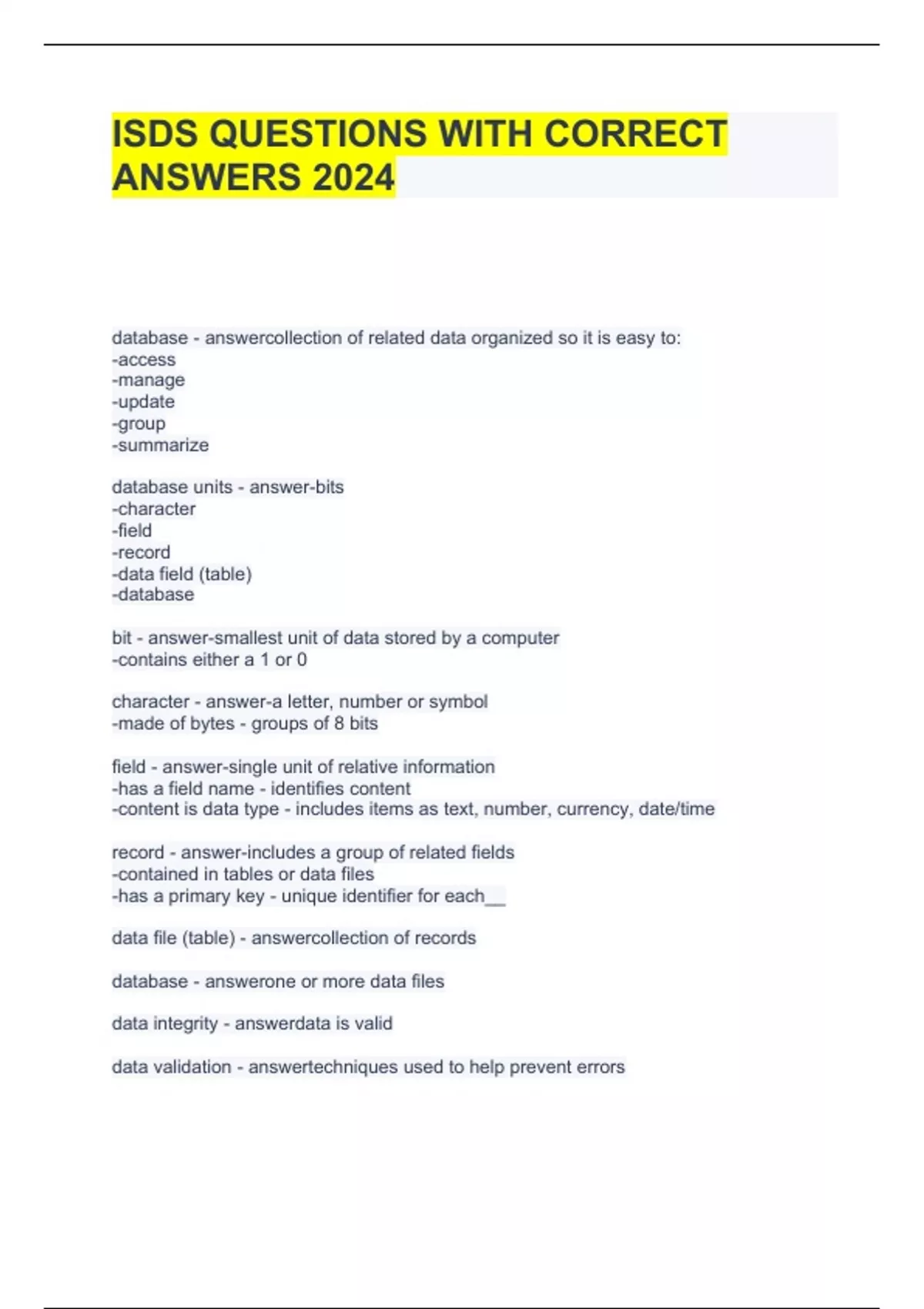 ISDS QUESTIONS WITH CORRECT ANSWERS 2024 - ISDS - Stuvia US