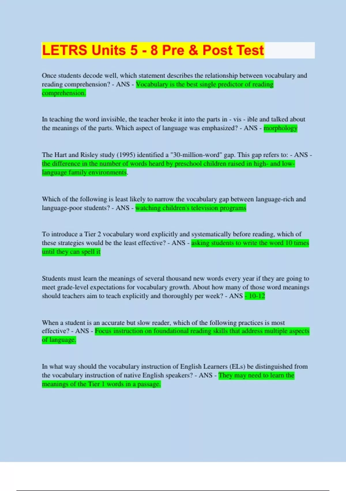 LETRS Units 5 - 8 Pre & Post Test - Letrs - Stuvia US