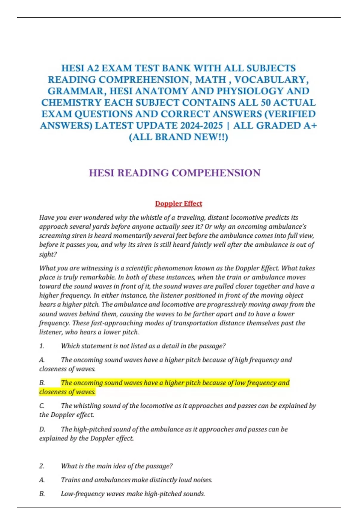 HESI A2 EXAM TEST BANK WITH ALL SUBJECTS READING COMPREHENSION, MATH ...