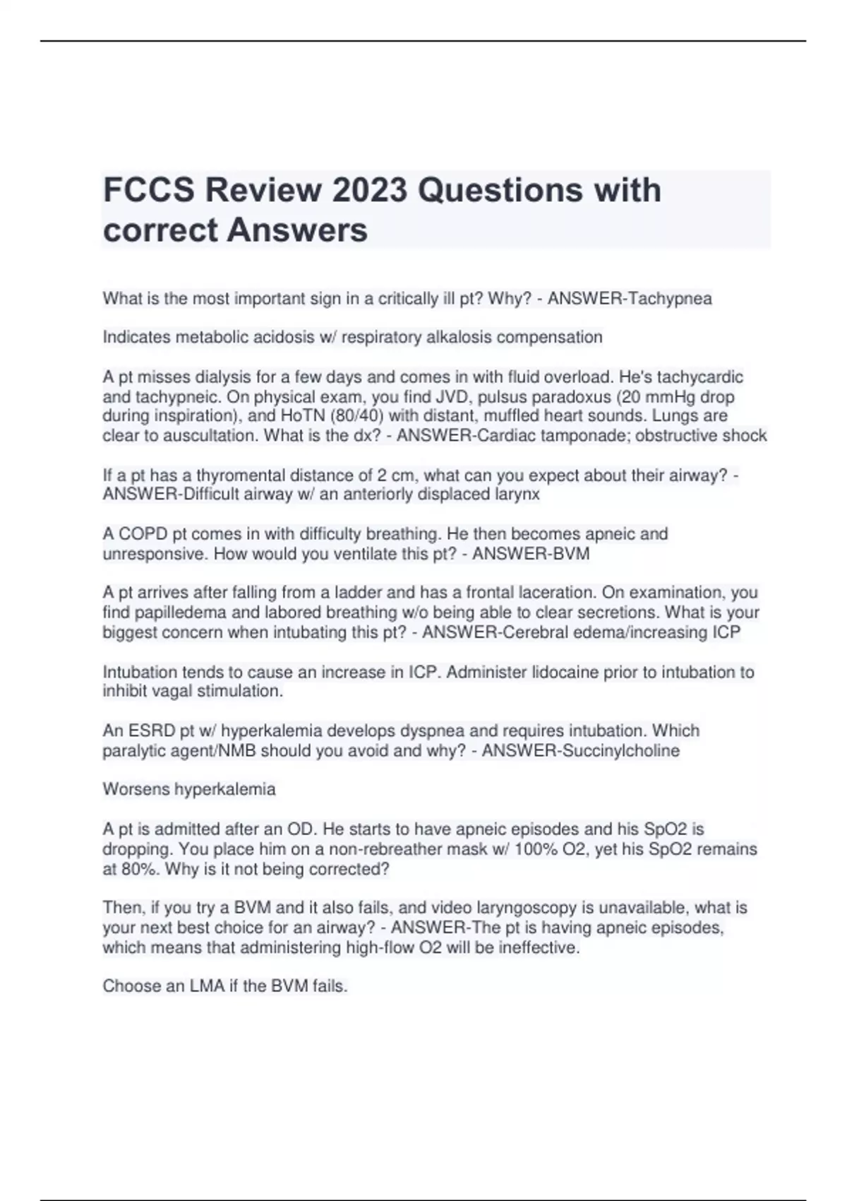 FCCS Review 2023 Questions with correct Answers - FCCS - Stuvia US