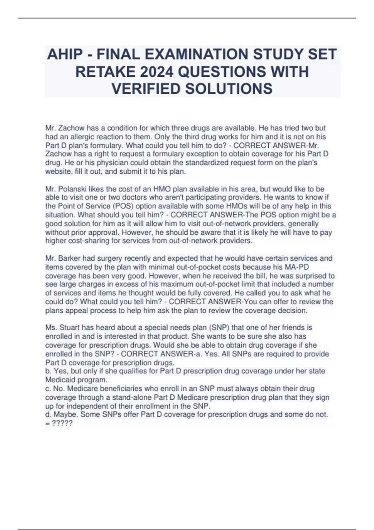 AHIP - FINAL EXAMINATION STUDY SET RETAKE 2024 QUESTIONS WITH VERIFIED ...